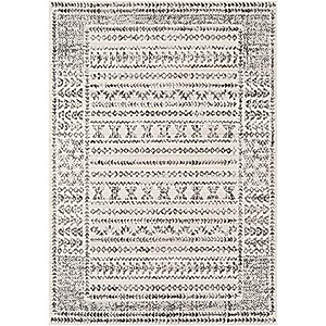 Greig Bohemian Farmhouse Living Room Bedroom Square Area Rug - Neutral Boho Carpet - Bordered - Off White, Black, Grey, Beige - 6'7" Square