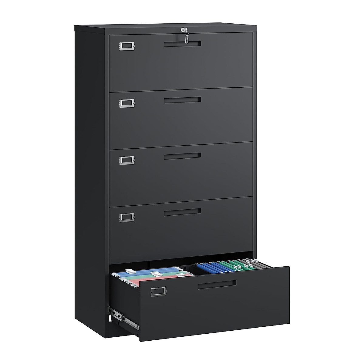 Yizosh 5 Drawer Black File Cabinet with Lock, Filing Cabinet for Home Office, Metal Locking Office File Storage Cabinet with Drawers, Lateral Filing Cabinet Organizer for Letter/Legal/F4/A4