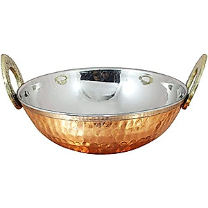 PARIJAT HANDICRAFT Stainless steel copper serving kadhai pan with steel mug and embossed brass shot jigger