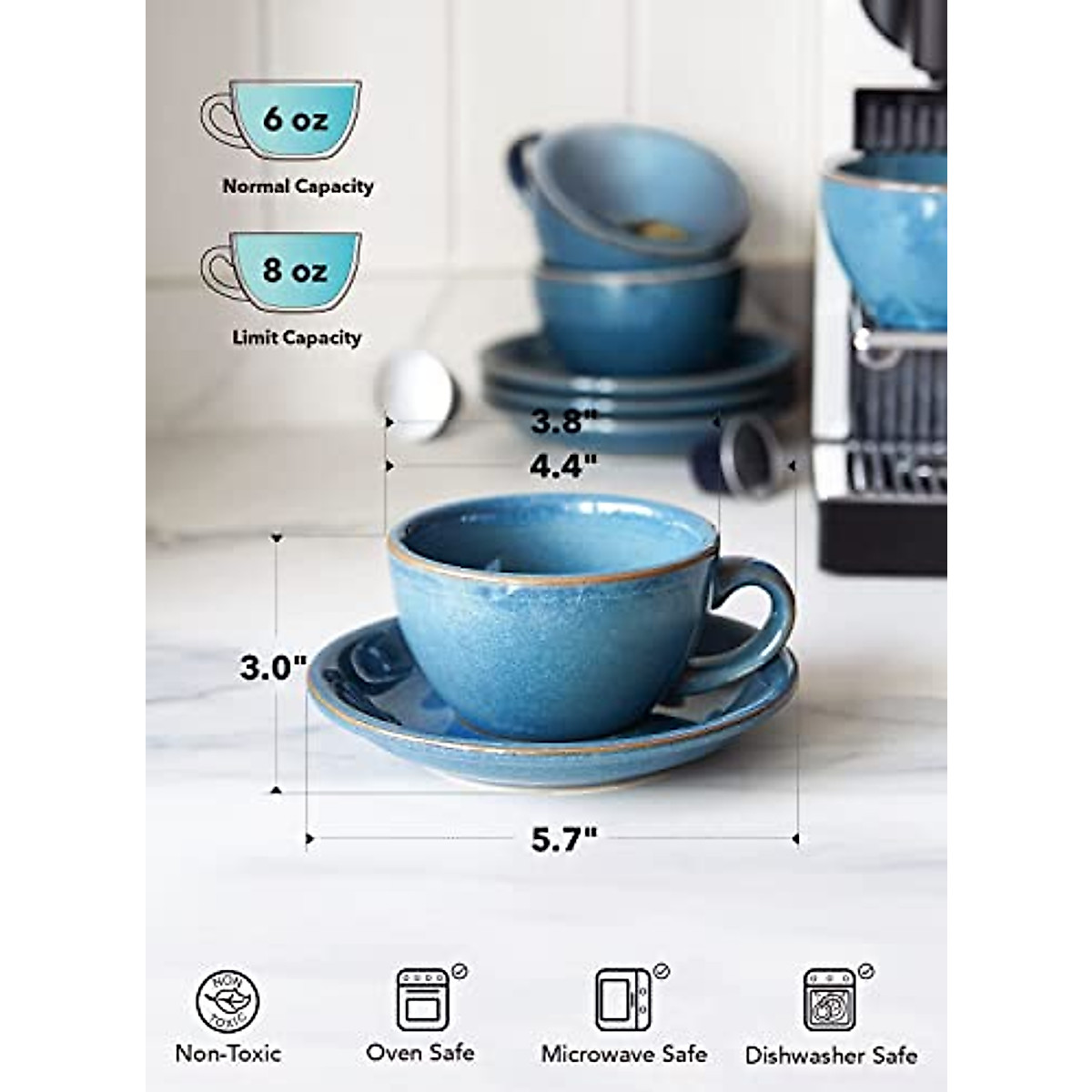 LE TAUCI 6 oz Cappuccino Cups with Saucers，Ceramic Coffee Cup for Au Lait, Double shot, Latte, Cafe Mocha, Tea - Set of 4, Ceylon Blue