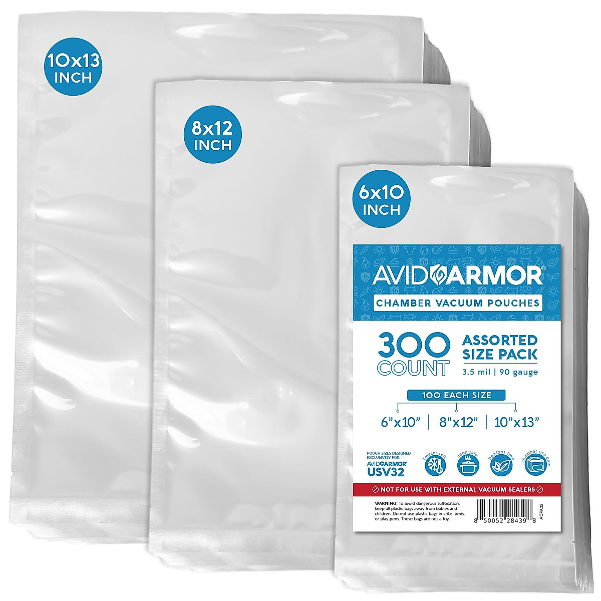 Avid Armor – Chamber Machine Pouches 3.5mil, Pre-Cut Chamber Vacuum Sealer Bags, Heavy Duty Seal Pouch, BPA-Free Chamber Sealer, Assorted Size Pack, 6"x10", 8"x12", 10"x13" - Pack of 300