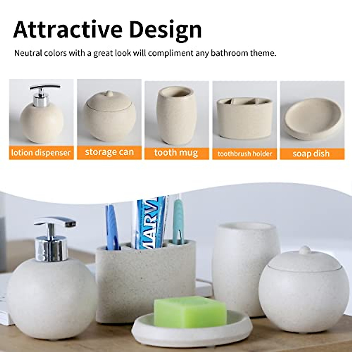 Artchirly 5 Piece Bath Accessory Set for Vanity Countertops,White Sandstone Color,Made of Cement Luxury Ensemble Dish,Lotion Dispenser,Soap Dish,Tooth Mug,Toothbrush Holder and Storage Can (5)