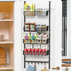 keomaisyto Upgrade Over the Door Organizer with Hooks &Baskets, 5 Tier Wall Mounted Pantry Door Organizer Hanging Spice Rack for Kitchen, Metal Back of Door Storage for Spice Snack Black