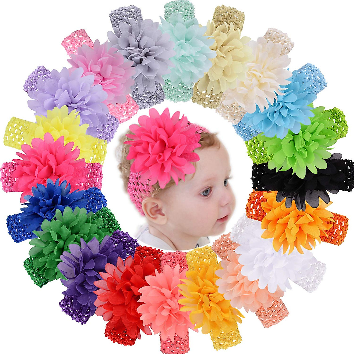 WillingTee 20pcs Baby Girls Headbands Chiffon Flower Soft Stretchy Hair Band Hair Accessories for Baby Girls Newborns Infants Toddlers and Kids