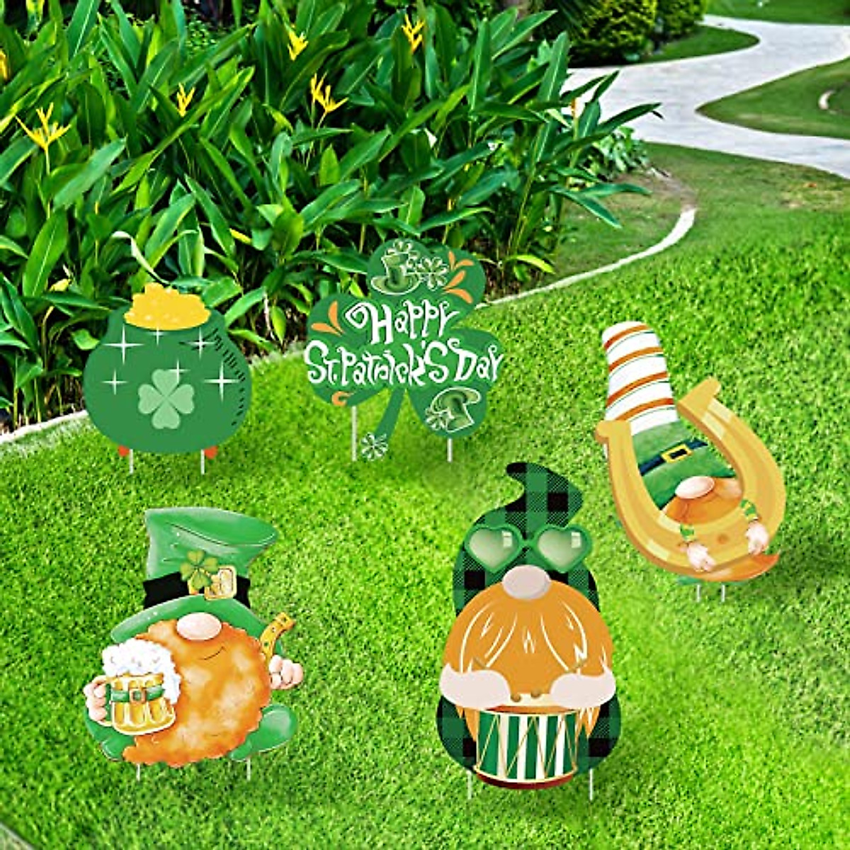 St. Patrick's Day Yard Sign Stakes Outdoor Decorations 5 pcs Irish Gnome Shamrock Green Lawn Sign for Saint Patty's Day Outside Lawn Yard Decorations Supplies 