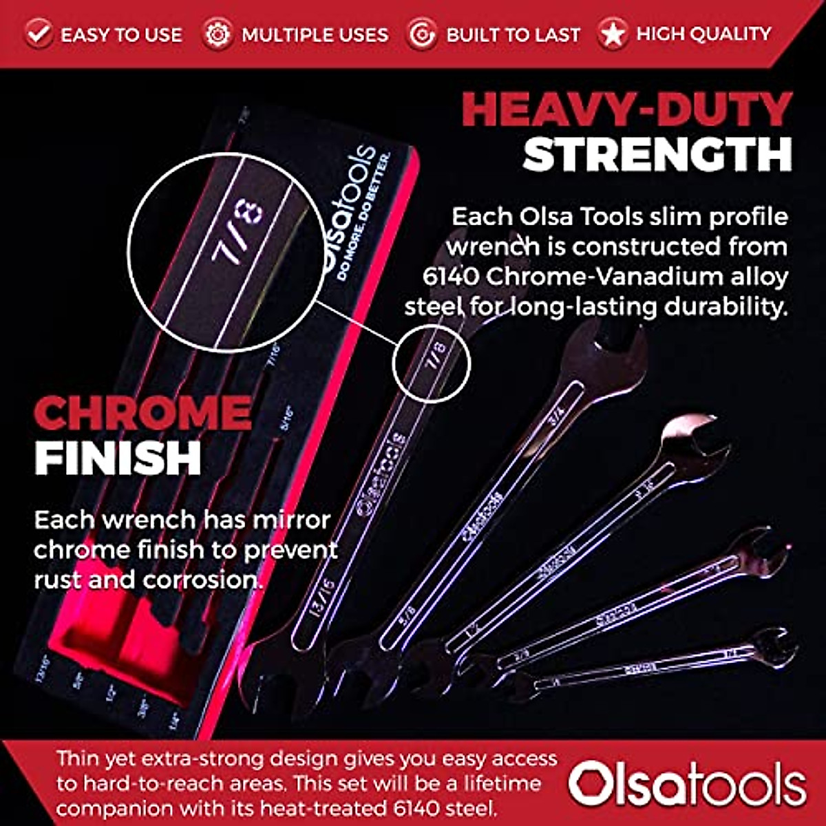 Olsa Tools Super-Thin Open End Wrench Set, Metric, Professional Grade, 7-Piece, Including 6mm to 19mm, Slim Spanner Wrench Set with EVA Foam Organizer