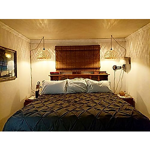 Plug in Pendant Light Rattan Hanging Lights with Plug in Cord Bamboo Hanging Lamp Dimmable,Woven Boho Wicker Basket Lamp Shade,Hemp rope Plug in Ceiling Light Fixture for Living Room Bedroom Kitchen