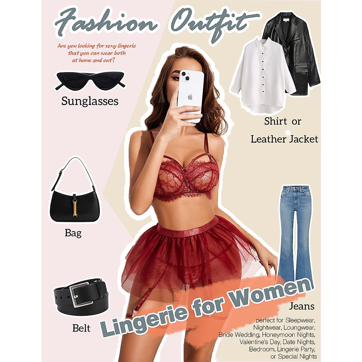 Avidlove Garter Lingerie for Women Lace Nightgowns with Tutu Skirts (Wine Red, Medium)