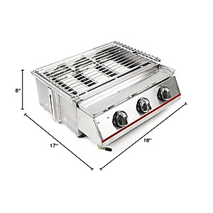 BBQ Portable Tabletop Gas Grill,3 Head Burner Stainless Steel Grill Outdoor,Smoke Free Stove Adjustable height LPG BBQ Grill Cooker,Indoor Best for Backyard Buffet Gourmet Kit