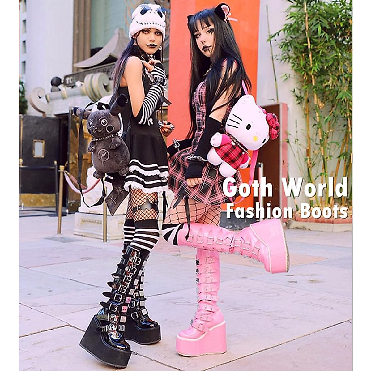 Gothniero Platform Boots Pink Goth Boots Chunky Heel Gothic Holographic Booties Knee High Women Combat Motorcycle Boots with Buckles Size 5-11