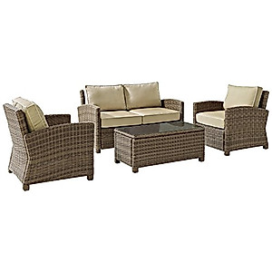 Crosley Furniture Bradenton 4-Piece Outdoor Loveseat Patio Furniture Set, Wicker Conversation Sets for Porch, Brown with Sand Cushions
