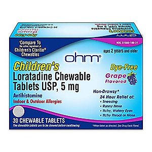 Ohm Children’s Chewable Tablets, Dye Free, Grape, Non-Drowsy 24h Relief of Sneezing, Runny Nose, Itchy Watery Eyes, Itchy Throat or Nose, Antihistamine, Indoor & Outdoor Allergies, 5mg, 30 Tablets