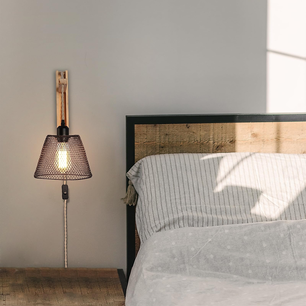 Modxian Farmhouse Plug in Wall Sconces Set of 2 Wood Wall Mounted Light with Plug in Cord Wall Lamp with Wire Cage Shade Rustic Adjustable for Bedroom Living Room Hallway Entrance E26