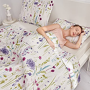 Jarson Floral Quilts Set Lightweight Spring Summer Bedspreads Full/Queen Size, 3Pcs Rustic Country Bedding Flowers Botanical Plant Reverisible Coverlets Pillow Shams