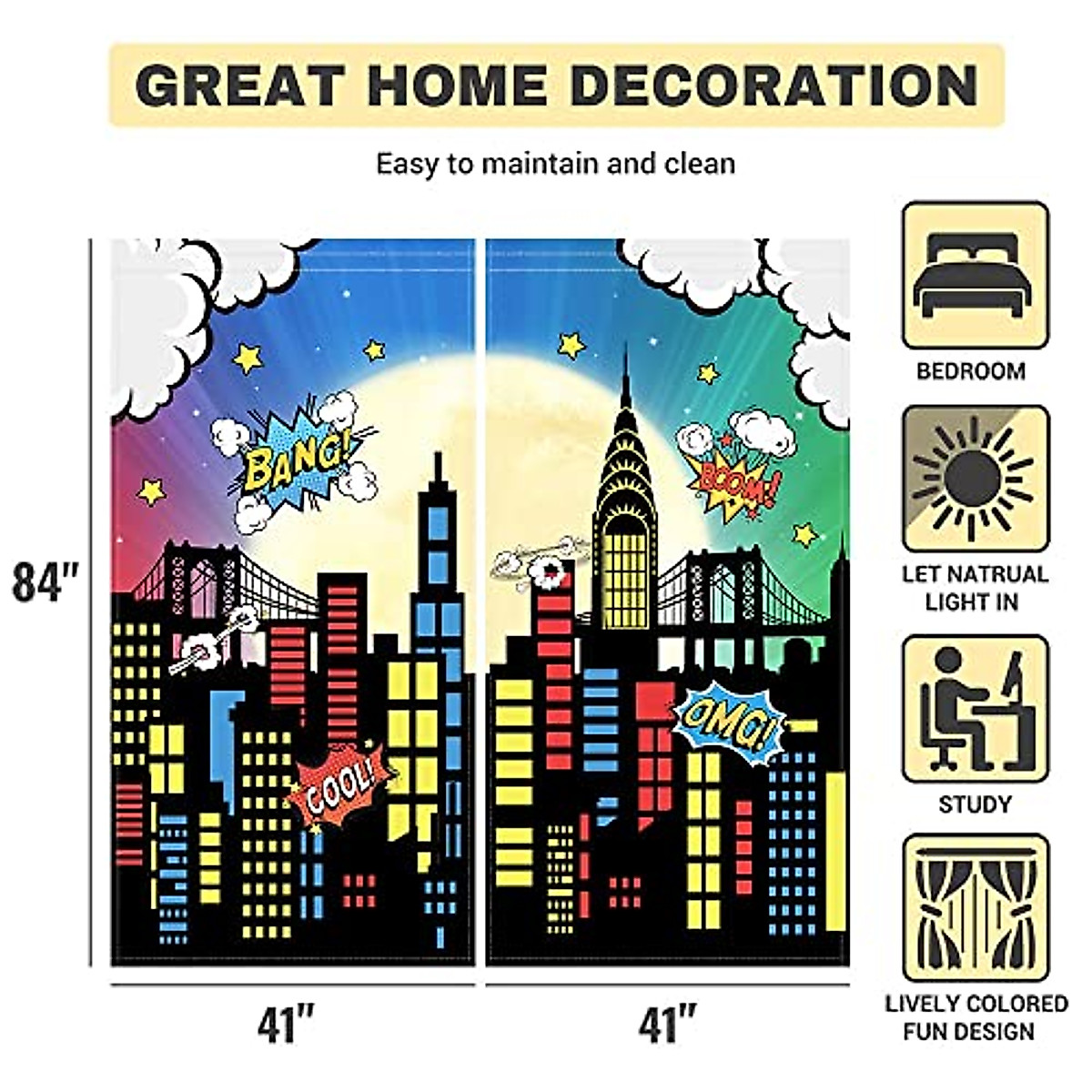 Allenjoy Superhero Super City Skyline Buildings Children Window Curtains for Kids Baby Room Bedroom Nursery Toddler Home Office Decor Decorations Durable Fabric Machine Washable 82 in x 84 in