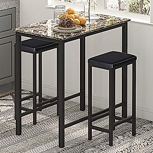 HOMURY 3-Piece Pub Bar Table Set for 2, Faux Marble Tavern Set Breakfast Nook Dining Table Set with 2 Faux Leather Backless Stools, 35.4" W X 19.7" D X 37.4" H