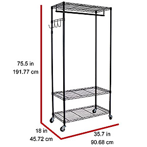 Oceanstar Heavy Duty Rolling Storage Garment Rack with Adjustable Shelves and Hook,Black