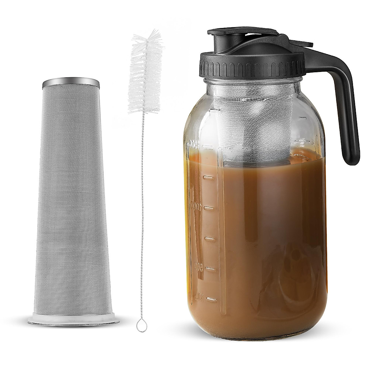 Behidiruch Cold Brew Coffee Maker Pitcher, 64 oz Iced Coffee Maker with Stainless Steel Filter and Pour Spout Handle Lid, Wide Mouth Thick Glass Mason Jar for Iced Coffee, Lemonade, Fruit Drinks