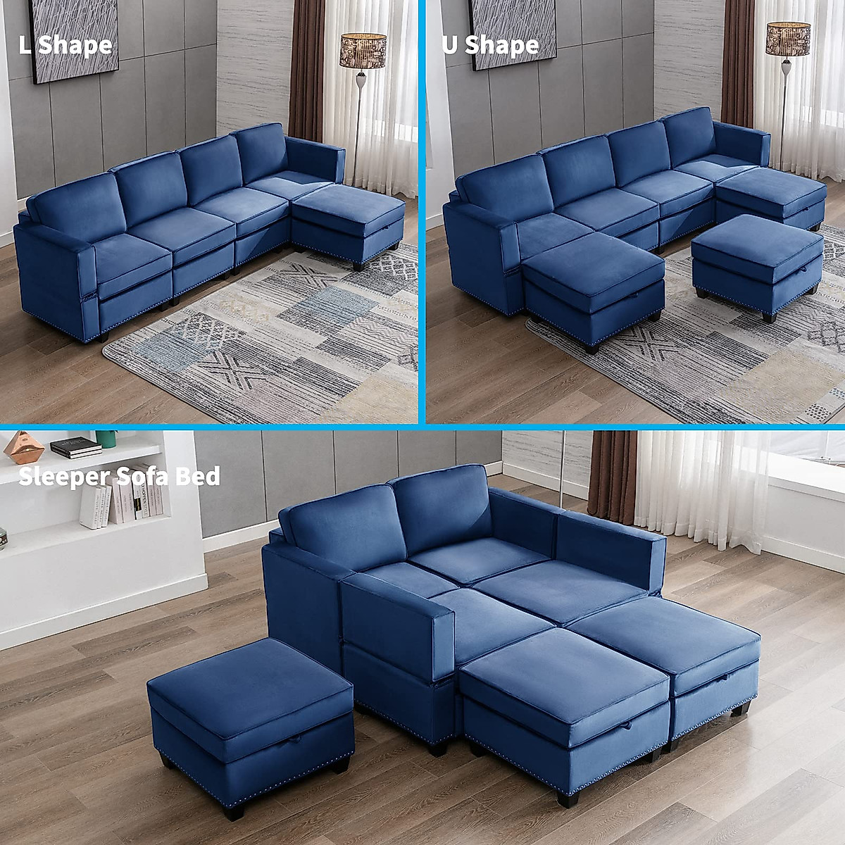 Horgaeo Reversible Sleeper Sectional Sofa, Modular U Shaped Couch with Storage Ottoman, Angle-Adjustable Armrest Velvet Fabric Sofa with Convertible Chaise for Living Room, Apartment, Studio (Blue)