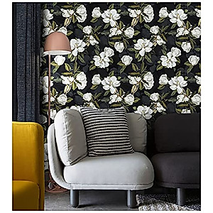 HAOKHOME 93169-1 Peel and Stick Gardenia Floral Wallpaper Removable Black/White/Green Vinyl Self Adhesive Mural 17.7in x 9.8ft