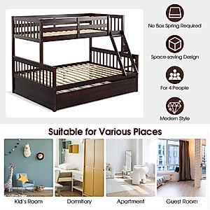 Giantex Twin Over Full Bunk Bed with Trundle, Solid Wood Bunk Bed with Ladder and Guardrails, Convertible to 2 Beds, Triple Bunk Beds for Kids Teens Adults, No Box Spring Needed, Espresso