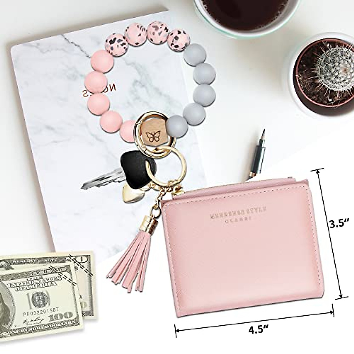 Keychain Bracelet Wristlet with Wallet Card Holder Pocket,Tassel Keychain Bangle Key Ring for Women