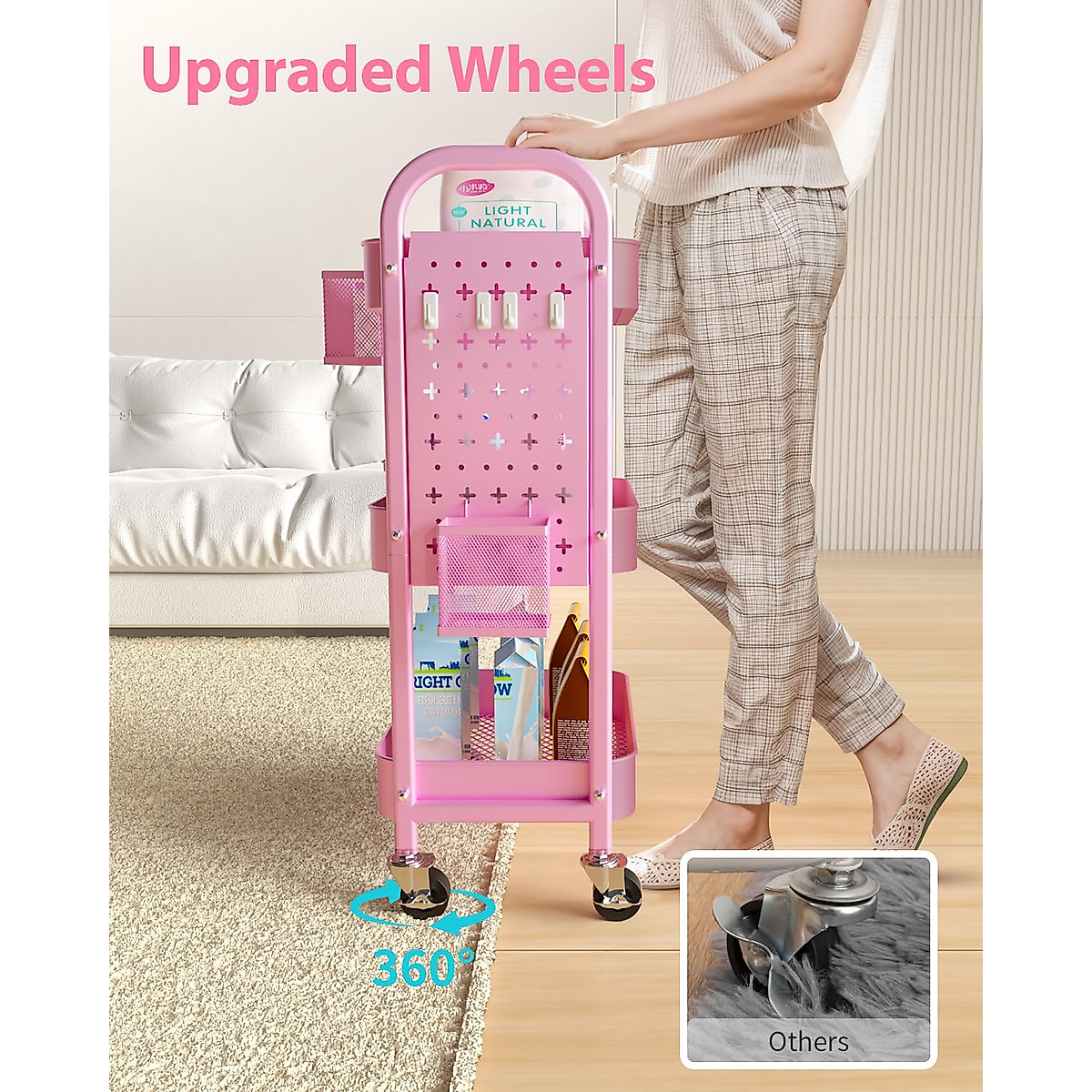 ALVOROG 3-Tier Rolling Utility Cart Movable Storage Organizer Shelves with Wheels and Hanging Cups Multifunctional Service Cart for Kitchen, Office, Coffee Bar-Black