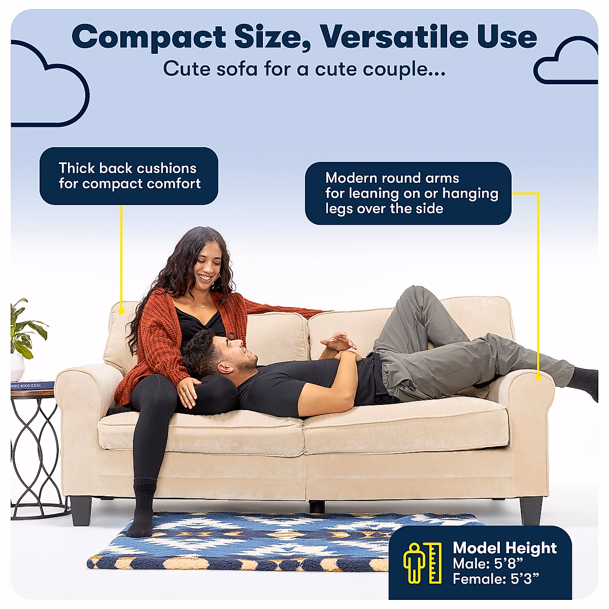 Serta Copenhagen 73" Rolled Arm Sofa, Easy Care Polyester, Soft Pillow Back, Pocket Coil Seat Cushions, Removable Covers, Loveseat or Couch for Small Spaces, Living Rooms or Bedrooms, Navy Blue