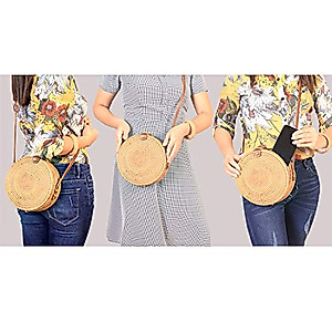 Aviboo Handwoven Round Rattan Straw Crossbody Bags for Women 8” with Adjustable Two-Layer Genuine Leather Strap with Bonus - Rattan Bracelet