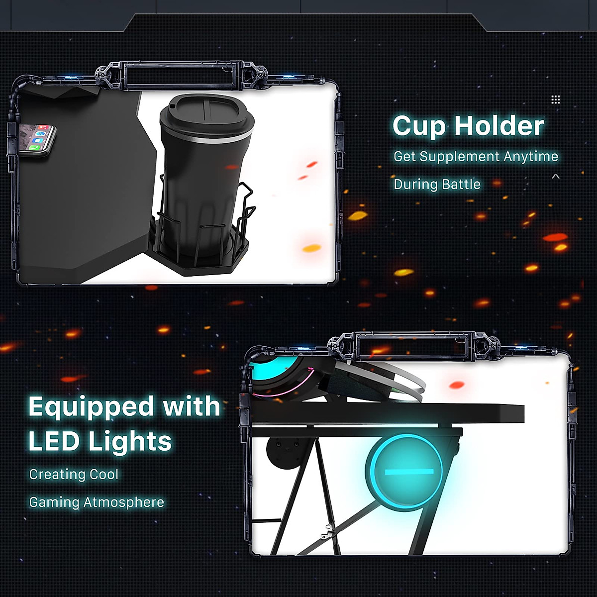 JOY worker Gaming Desk with LED Lights, 47 Inch Gamer Desk Carbon Fiber Desktop, Game Desk with Cup Holder, Home Office Gaming Room Workstation, Black