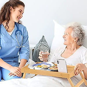 Aodaer 2 Pack Natural Bed Table Tray with Folding Legs Breakfast Food Tray with Phone Tablet Holder Portable Serving Platters Tray with Handles Food Tray for Bed, Kitchen, Eating, Working