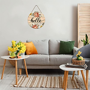 FWIEXA Vintage Hello Sign for Front Door, Boho Hello Spring Door Sign with Flowers, Colorful Floral Welcome Wooden Hanging Sign Decor for Entryway Front Porch Yard (12"x 12")