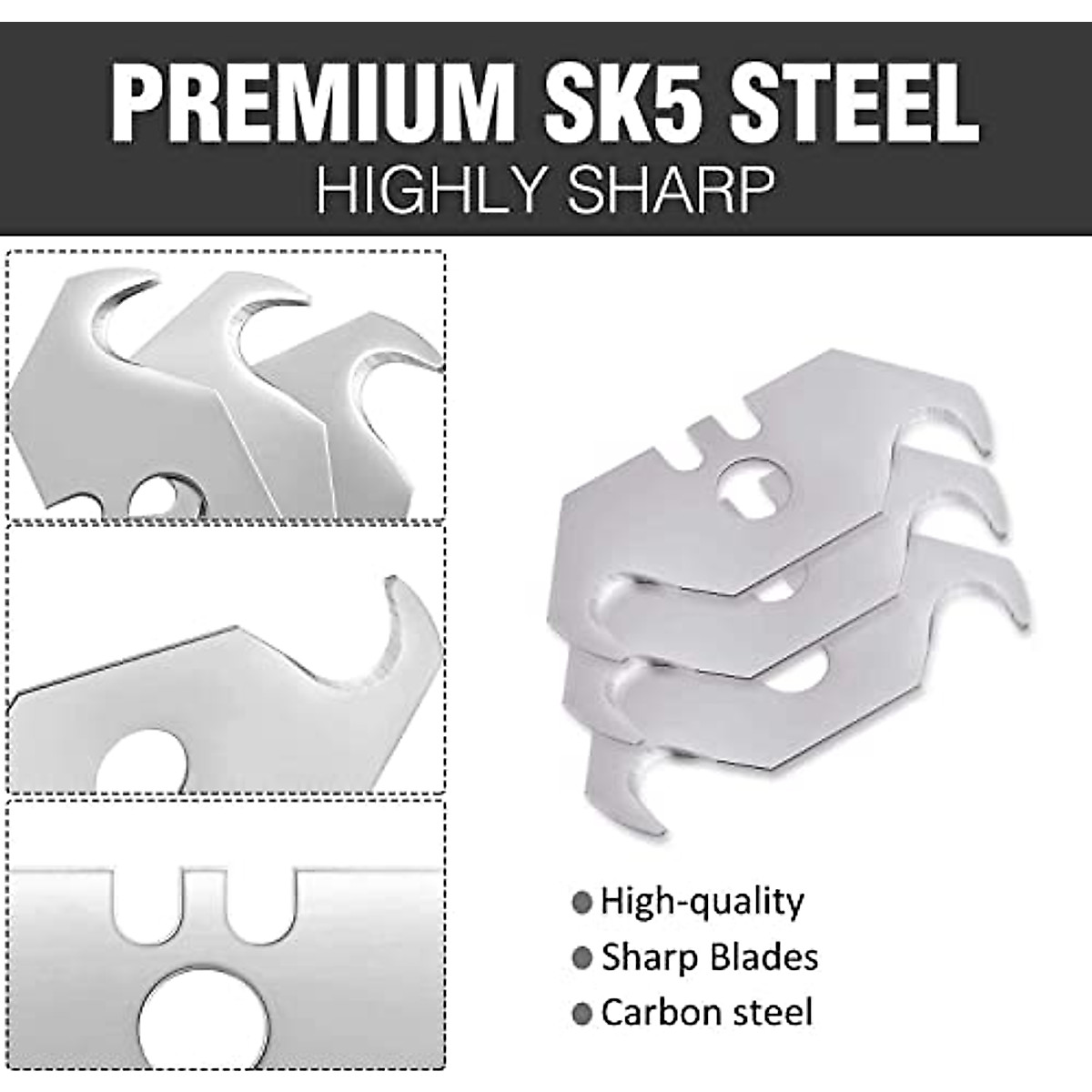 Utility Knife Blades Hooks Carpet Hook,30Pcs Steel Razor Blade Knives with Storage Box for Roofing and Linoleum, Carpenter Replacement Easycut Shingle Cutter to Trim (Utility Knife Blades Hooks Kit)