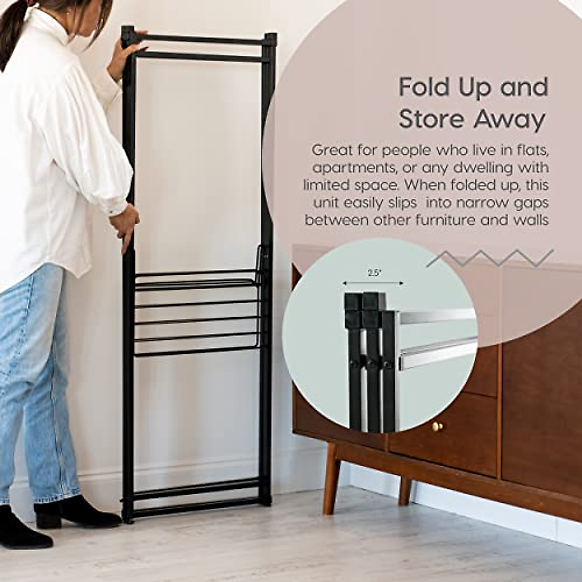 IRIS USA 3 Panels Collapsible Clothes Rack with Shelf, Customizable Garment Rack, Foldable Clothes Drying Rack, Locked and Leveled, Perfect for any Space, Modern and Fashionable, Black