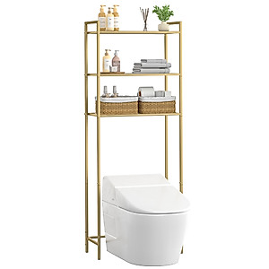 Homhedy Over The Toilet Storage, Metal 3-Tier Over-The-Toilet Bathroom Organizer Rack, Tempered Glass Shelves, Space-Saving, for Bathroom, Restroom, Laundry, Modern Style, Golden