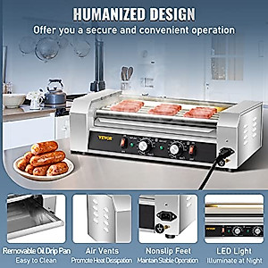 VEVOR Hot Dog Roller, 12 Hot Dog Capacity 5 Rollers, 750W Stainless Steel Cook Warmer Machine with Dual Temp Control, LED Light and Detachable Drip Tray, Sausage Grill Cooker for Kitchen Restaurant