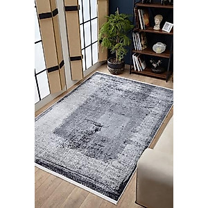 BESPOKY 2'7" x 13'1" - 80 x 400 Cm Jamshedpur Grey Framed Cotton Machine Washable Non Slip Living Room Bedroom Nursery Hallway Indoor Outdoor Area Rug