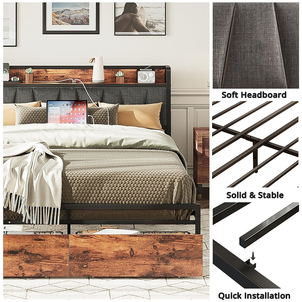 LIKIMIO Queen Bed Frame, Storage Headboard with Charging Station, Platform Bed with Drawers, No Box Spring Needed, Easy Assembly, Vintage Brown and Gray