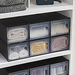 sweetgo 12 Pcs Stackable Shoe Storage Boxes - Front Entry and Clear Plastic, Shoe Container and Sneaker Display Box for Closets and Entryway, Foldable Shoe Organizer for Men & Women Shoes (Black)