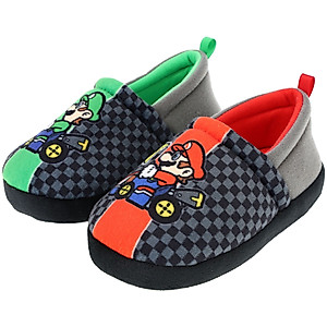 Super Mario Boys Slippers, Mario Kart Mismatched A-Line, Black, Size 10/11