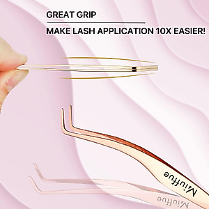 Miuffue False Eyelash Applicator DIY Lash Applicator Tool Stainless Steel Curved Eyelash Tweezers for Strip Lashes, Rose Gold