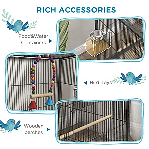 Pawhut Metal Bird Cage with Stand for Parrots, Lovebirds, Finches, Large Bird Cage with Swing, Stainless Steel Bowls, Removable Tray for Small Birds, Gray