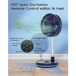 Primevolve 10 inch Oscillating Fan, Battery Operated Fan Adjustable Height, USB Rechargeable Home Office Outdoor Camping Tent Travel, Navy