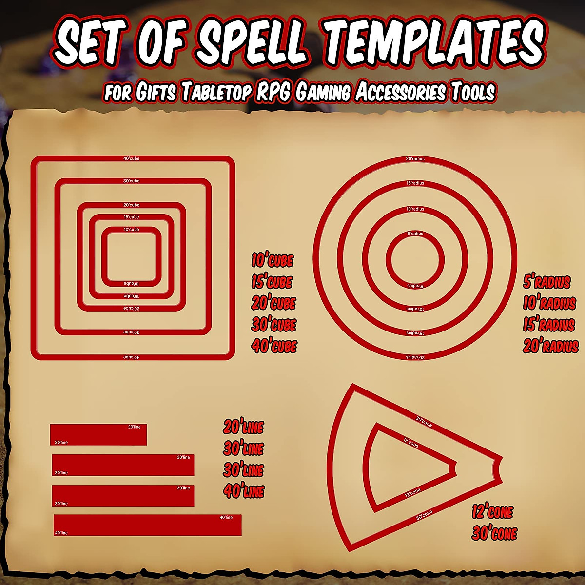 Sintuff 15 Pcs Spell AOE Damage Template Red Translucent Acrylic Area of Effect Spell Templates Set Include 5 Cube 4 Circle 2 Cone 4 Line Templates for Gifts Tabletop RPG Gaming Accessories Tools