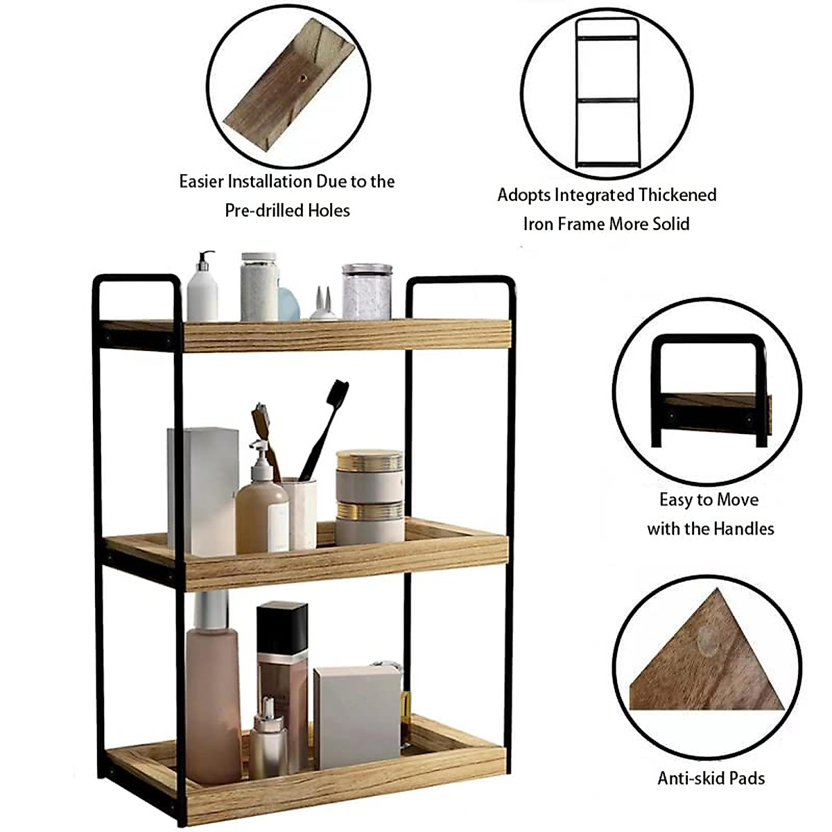 Dorhors 3 Tier Bathroom Counter Organizer,Countertop Bathroom Organizer and Storage Shelf,Bathroom Counter Tray and Vanity Organizer,Makeup and Cosmetic Organizer,Wood Counter Standing Spice Rack