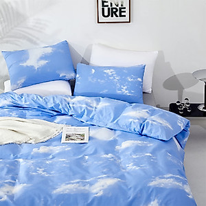 CLOTHKNOW Blue Cloud Full Comforter Set 3Pcs Blue White Bedding Comforter Sets Sky Comforter Soft Light Blue Full Size Comforter Sets