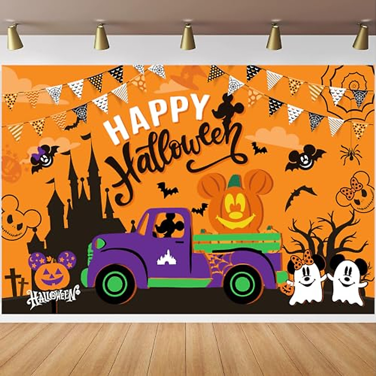YUNKELIU Cartoon Mouse Happy Halloween Backdrop, Mouse Halloween Theme Party Decorations Happy Halloween Backdrop Banner Halloween Party Decorations for Halloween Indoor Outdoor Party Supplies