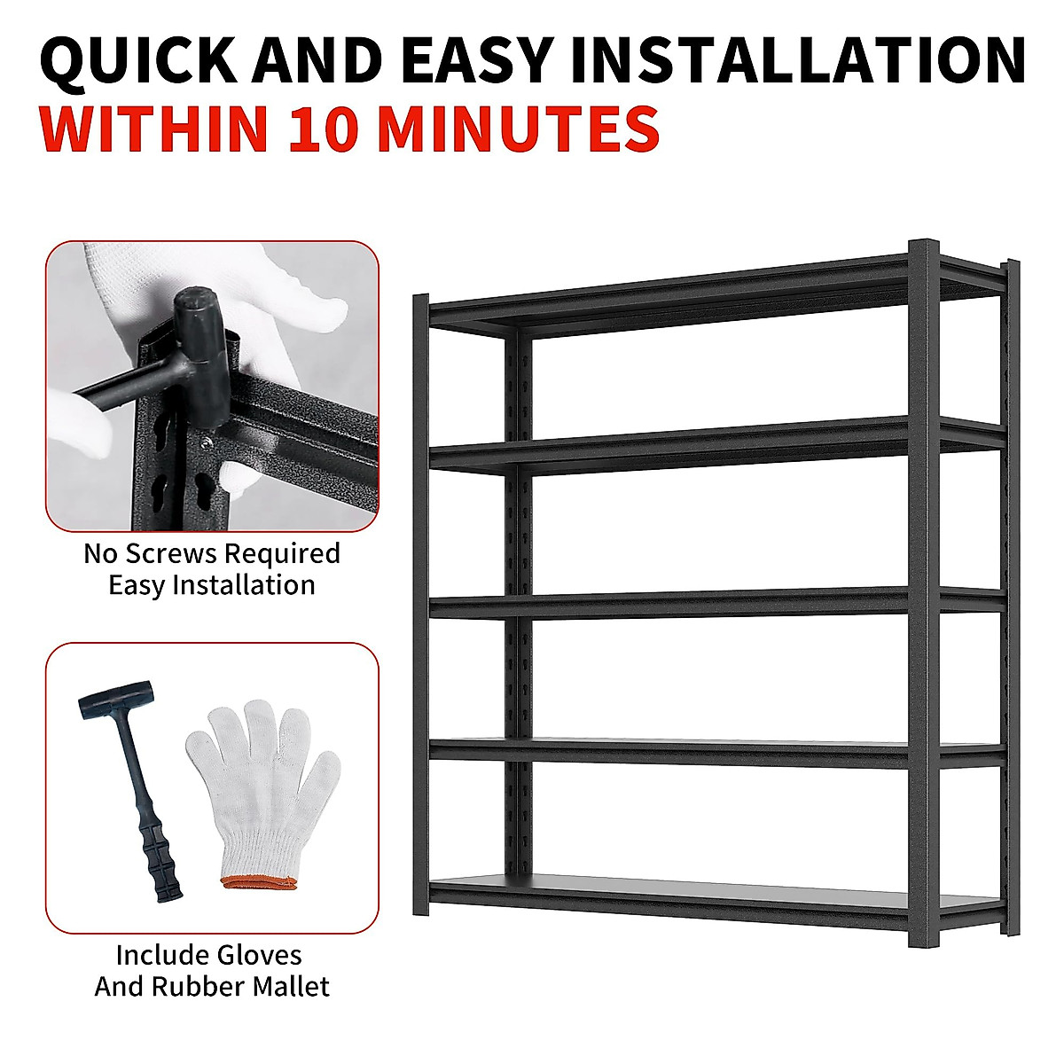 DARTIIA 72" H Garage Shelving 3000LBS Heavy Duty Storage Shelves Adjustable 5 Tier Metal Shelves for Storage Garage Industrial Shelving Utility Racks,23.9" D x 40" W x 72" H,Black