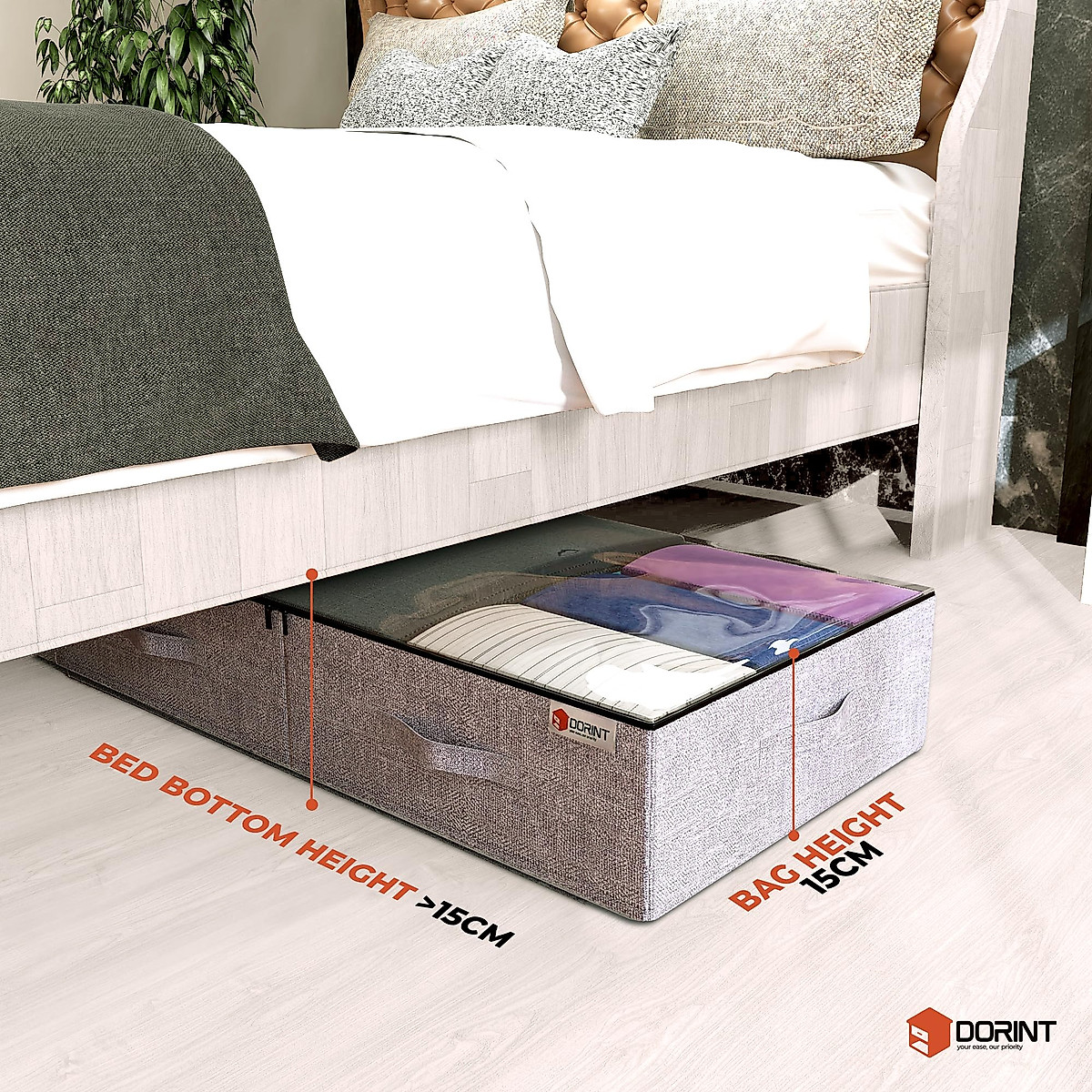 DORINT 2 Pack Under Bed Storage Containers - 4 Reinforced Handles for Clothing, Bedding, Blankets, Towels, Sweaters (6 Inches Tall, 60L)