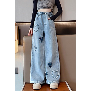 AOWKULAE Girls Heart Print Baggy Jeans Stretch Waist Wide-Leg Jeans, A2-Blue Heart, 13-14 Years = Tag 170